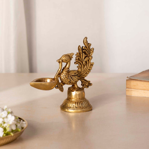 Brass Hand Carved Peacock Peace Lamp 5 Inch Darbar Craft