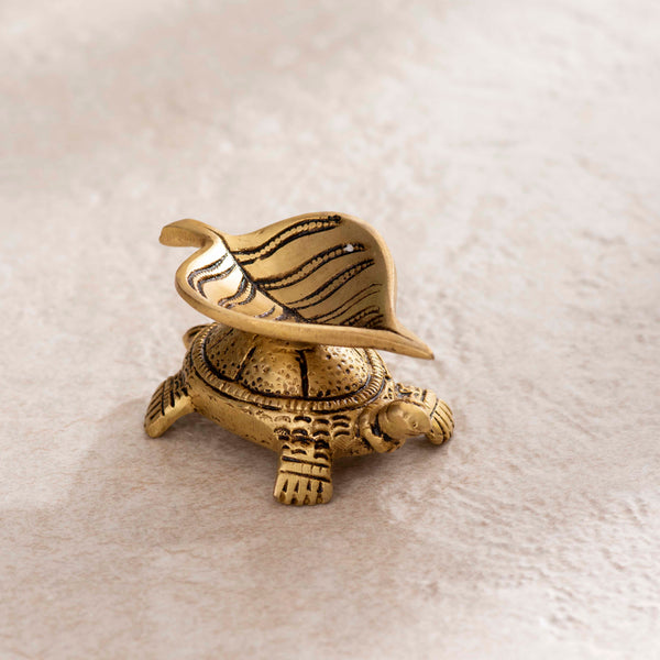 Brass Leaf Deepak With Turtle - 1.5 Inch - Darbar Craft