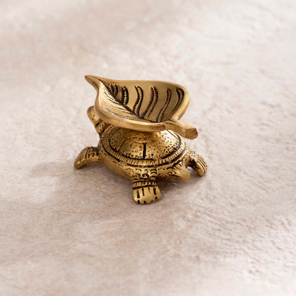 Brass Leaf Deepak With Turtle - 1.5 Inch - Darbar Craft