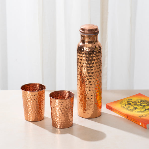 Hammered Finish Pure Copper Drinking Bottle With 2 Glass set - Darbar Craft